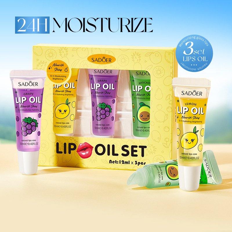 SADOER Moisturizing Shine Lip Oil Set Avocado + Grape + Lemon Lip Balm ...